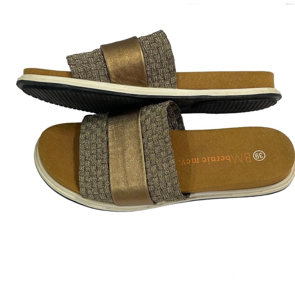 bernie mev. | Shoes | Bernie Mev Gold Weave Slide Sandals Mules Flat ...